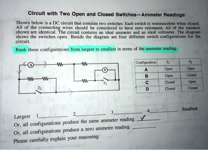 Circuit with Two Open and Closed Switches-Ammeter Readings' Shown below ...