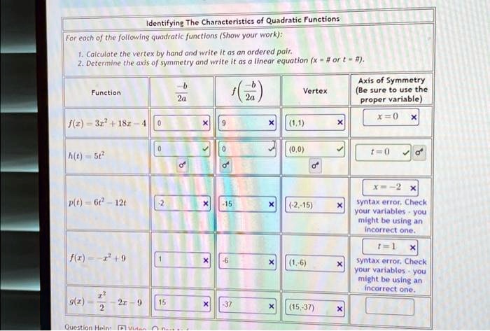 SOLVED: Texts: For each of the following quadratic functions (Show your work): 1. Calculate the ...