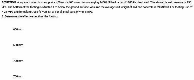 SOLVED: SITUATION: A square footing is to support a 400 mm x 400 mm column carrying 1400 kN live ...