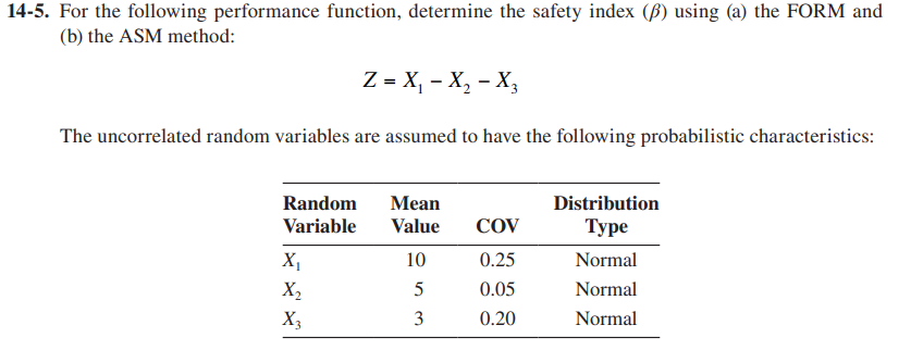 SOLVED: 14-5. For the following performance function, determine the safety index (β) using (a ...