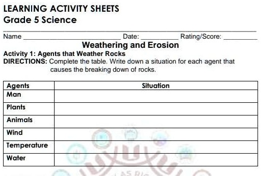 LEARNING ACTIVITY SHEETS Grade 5 Science Name Date: Rating/Score ...