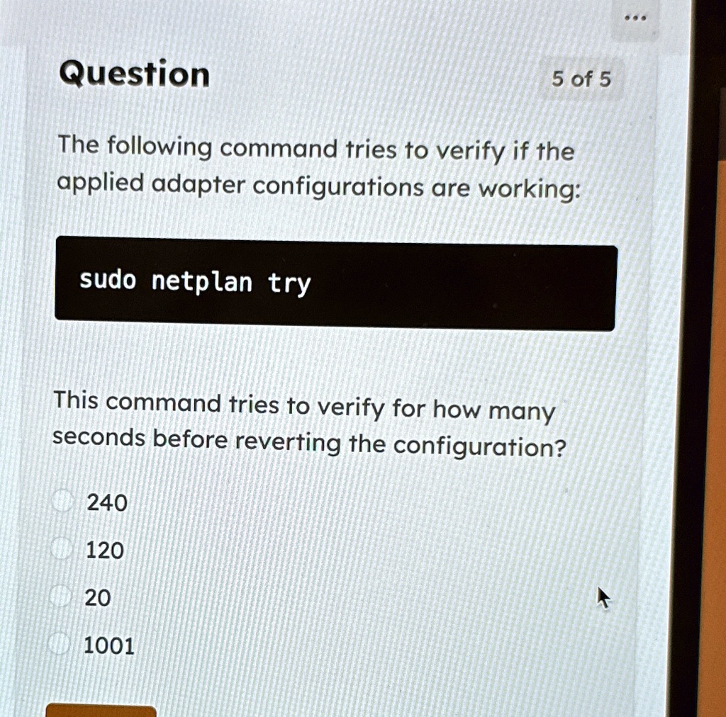 question 5 of 5 the following command tries to verify if the applied ...