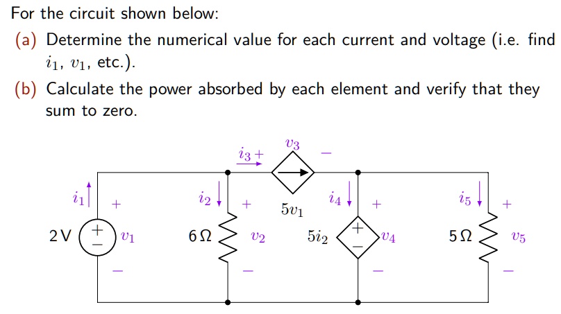 For the circuit shown below: (a) Determine the numerical value for each current and voltage (i.e ...