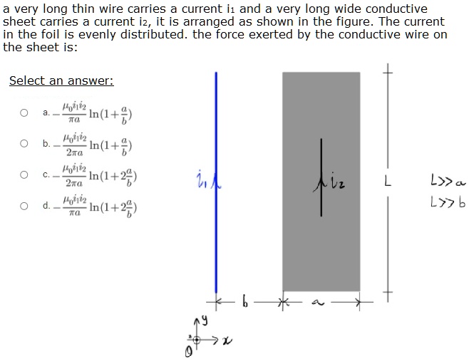 SOLVED: a very long thin wire carries a current i1 and a very long wide conductive sheet carries ...