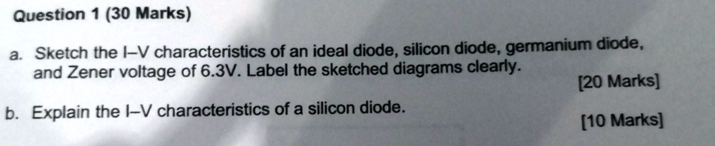 SOLVED: Question 1 (30 Marks) a. Sketch the I-V characteristics of an ideal diode, silicon diode ...
