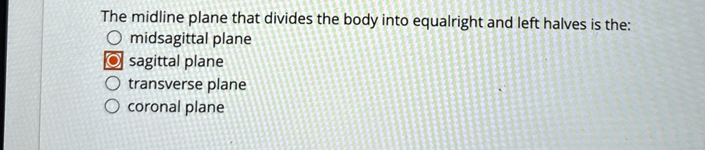 The midline plane that divides the body into equalright and left halves ...