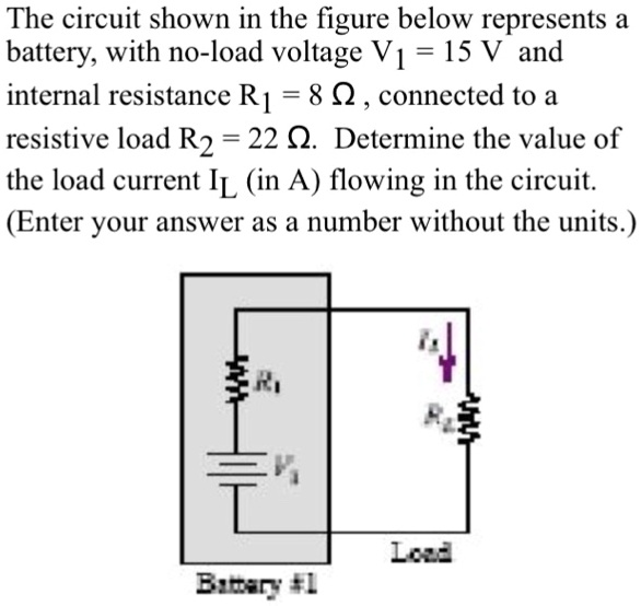 SOLVED: The circuit shown in the figure below represents a battery, with no-load voltage V1 = 15 ...