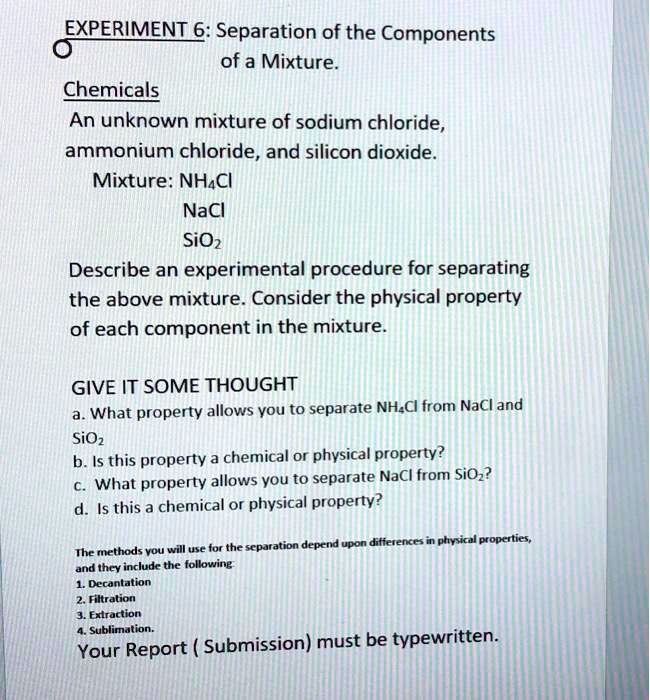 experiment 6 separation of the components of a mixture chemicals an unknown mixture of sodium ...
