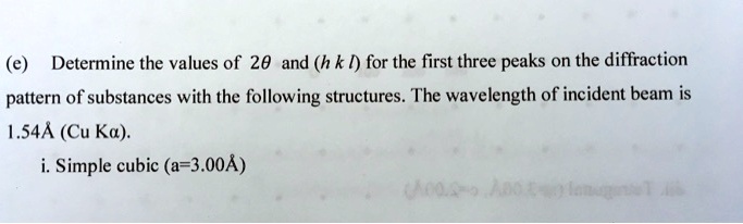 (e) Determine the values of 2θ and (hkl) for the first three peaks on ...