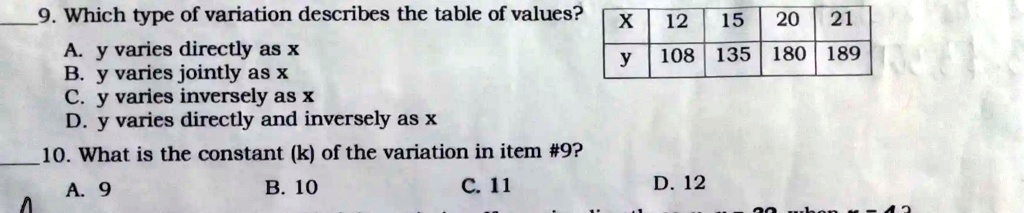 SOLVED: Which type of variation describes the table of values? y varies directly as x BJ y ...