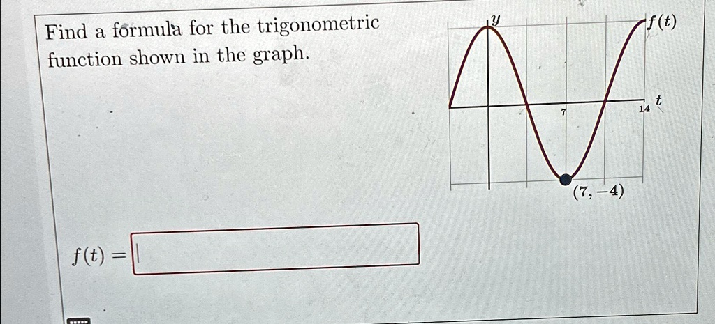 SOLVED: Find a formula for the trigonometric function shown in the graph. f(t)= (t Find a ...