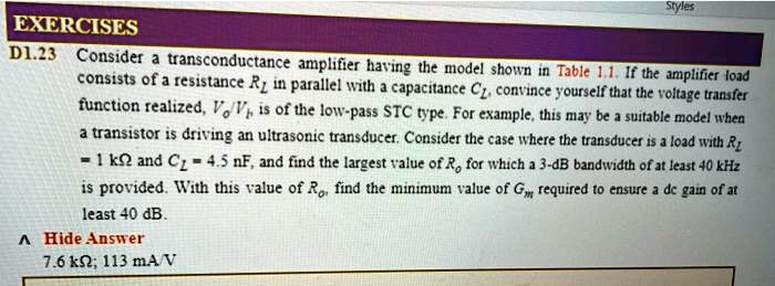 SOLVED: EXERCISES DLA3 Consider transconductance anp hfier haring thcmodel shown In Table ...