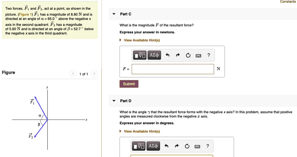 SOLVED:Constants Two forces, F; and Fq act at a point as shown in the ...