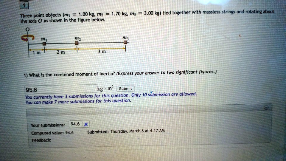 SOLVED: 1.00 kg, m 1.70 kg, m3 = 3.00 kg) tied together with massless strings and rotating about ...