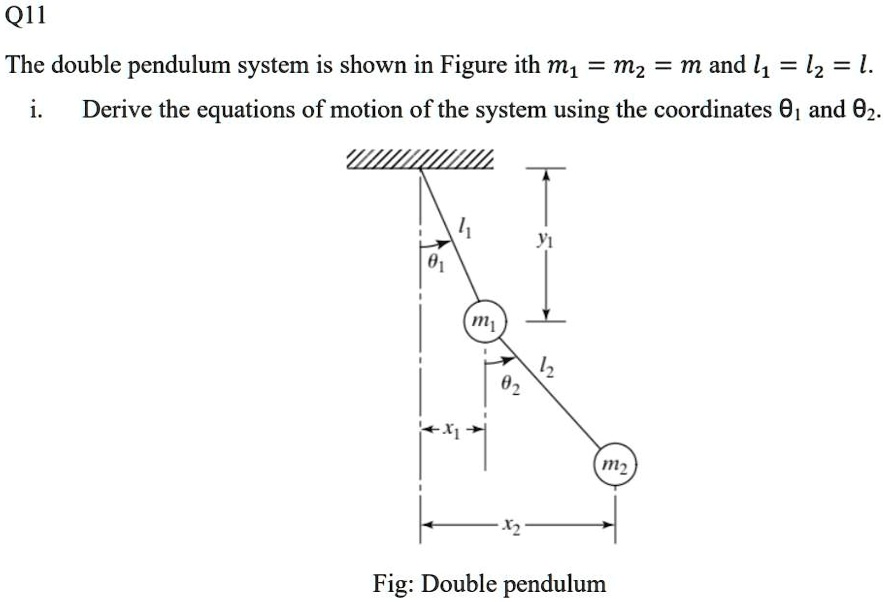 Q11 The double pendulum system is shown in Figure ith m1 = m2 = m and l1 = l2 = l. i. Derive the ...