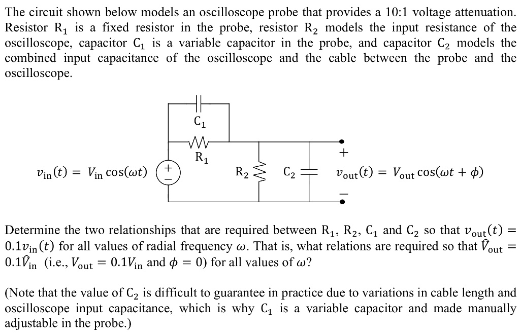 The circuit shown below models an oscilloscope probe that provides a 10:1 voltage attenuation ...