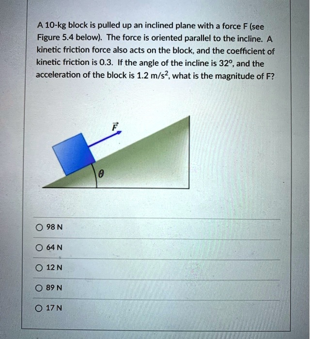 A 10-kg block is pulled up an inclined plane with a force F (see Figure 5.4 below). The force is ...