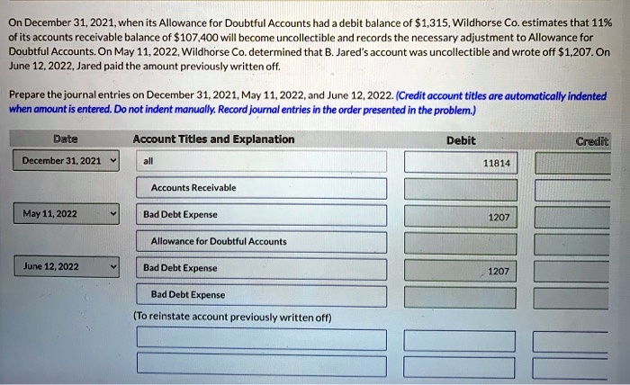 SOLVED: On December 31,2021,when its Allowance for Doubtful Accounts ...