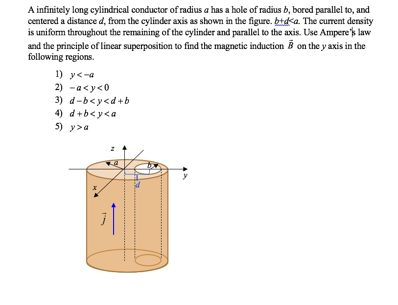 a infinitely long cylindrical conductor of radius a has a hole of radius b bored parallel to and ...