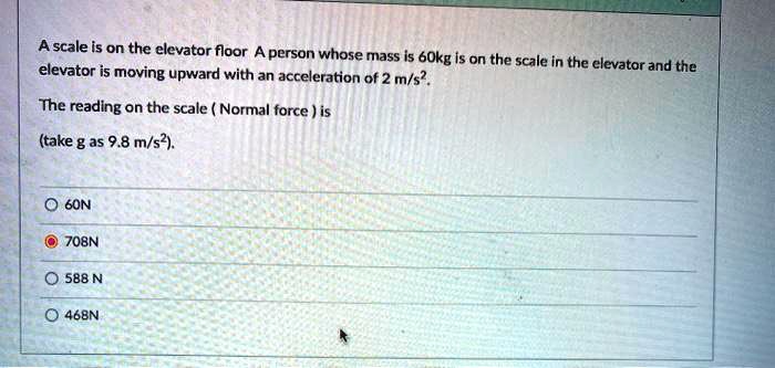 ascale is on the elevator floor a person whose mass is 60kg is on the ...