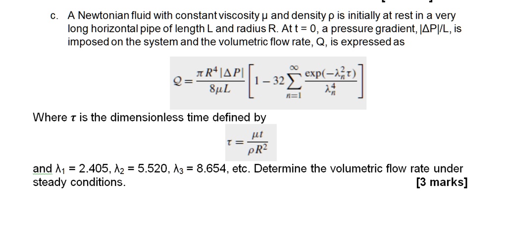 c. A Newtonian fluid with constant viscosity µ and density p is initially at rest in a very long ...