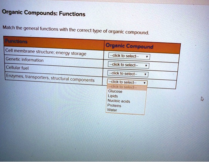 SOLVED: Organic Compounds: Functions Match the general functions with ...
