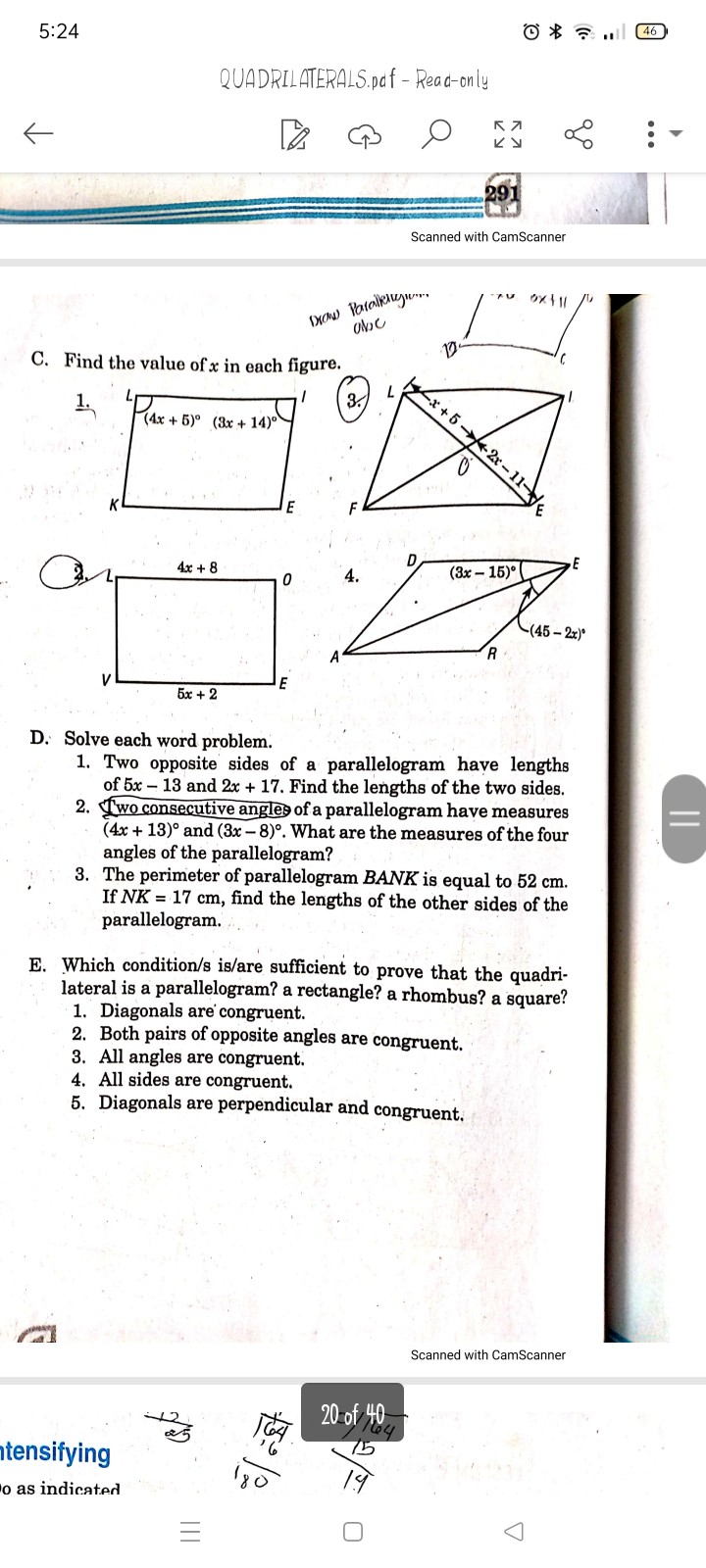 5:24 ?) *=. QUADRILATERALS.pdf - Read-only 291 Scanned with CamScanner ...