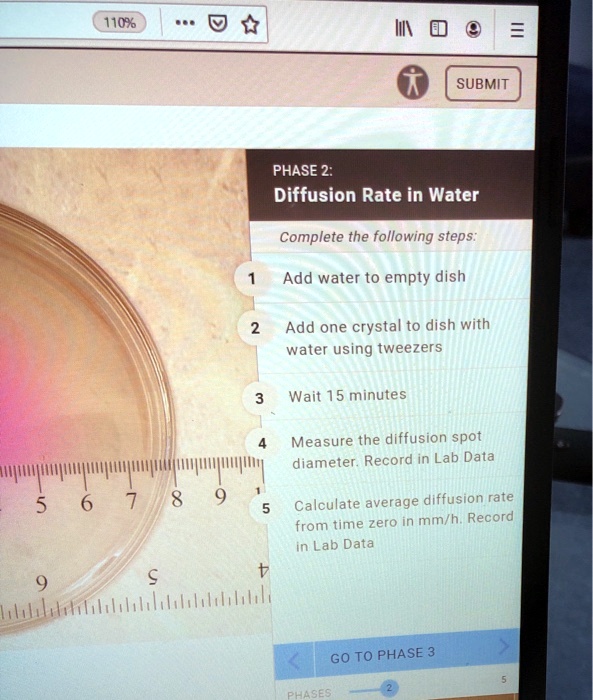 SOLVED: 11076 SUBMIT PHASE 2: Diffusion Rate in Water Complete the ...