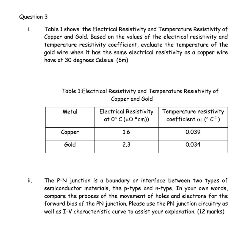 Question 3 i. Table 1 shows the Electrical Resistivity and Temperature ...