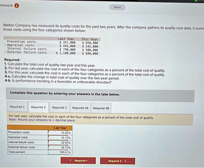 SOLVED: Walton Company has measured its quality costs for the past two ... SOLVED: Walton Company has measured its quality costs for the past two ...
