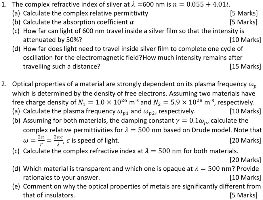 1. The complex refractive index of silver at ? =600 nm is n = 0.055 + 4.01i. (a) Calculate the ...