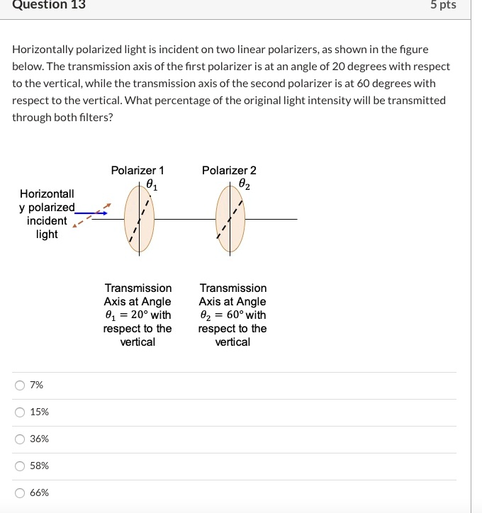 question 13 5 pts horizontally polarized light is incident on two ...