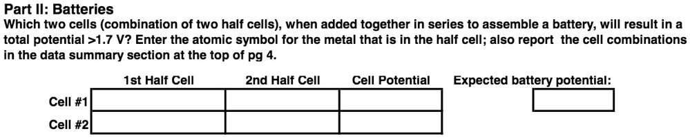 Part II: Batteries Which two cells (combination of two half cells ...