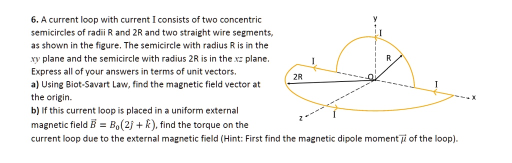 SOLVED: A current loop with current I consists of two concentric semicircles of radii R and 2R ...