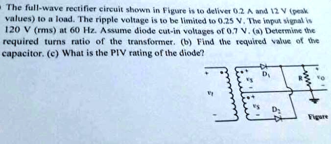 SOLVED: The full-wave rectifier circuit shown in Figure is designed to deliver 0.2 A and 12 V ...