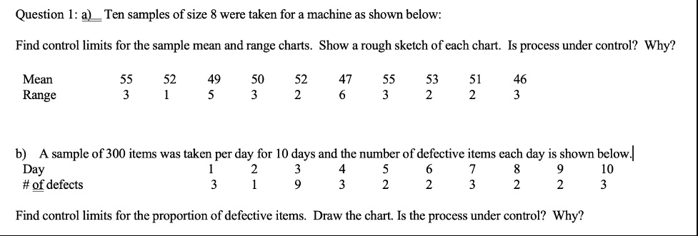 SOLVED: 'Question 1: a) Ten samples of size 8 were taken for a machine ...