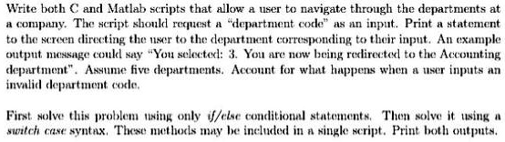 Solved Write Both C And Matlab Scripts That Allow A User To Navigate Through The Departments At