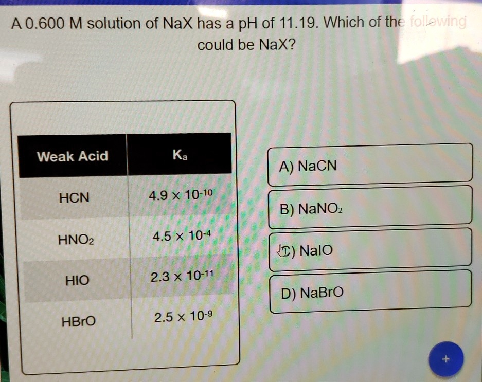a 0600 m solution of nax has a ph of 1119 which of the follewing could ...