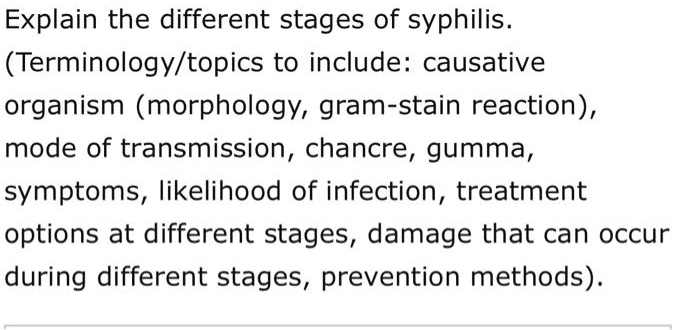 SOLVED: Microbiology Explain the different stages of syphilis ...
