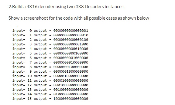 Build A 4x16 Decoder Using Two 3x8 Decoder Instances Show A Screenshot Of The Code With All
