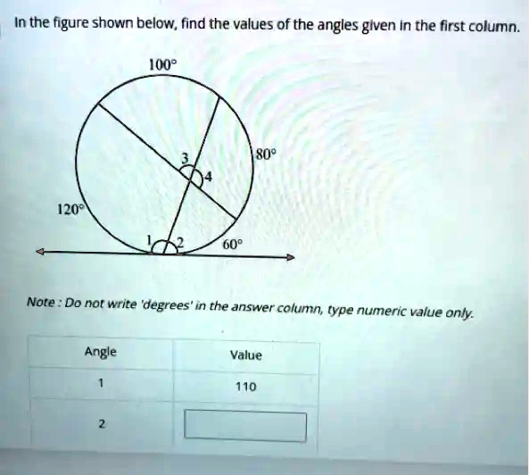 SOLVED: the figure shown below, find the values of the angles given In the first column: 100 ...