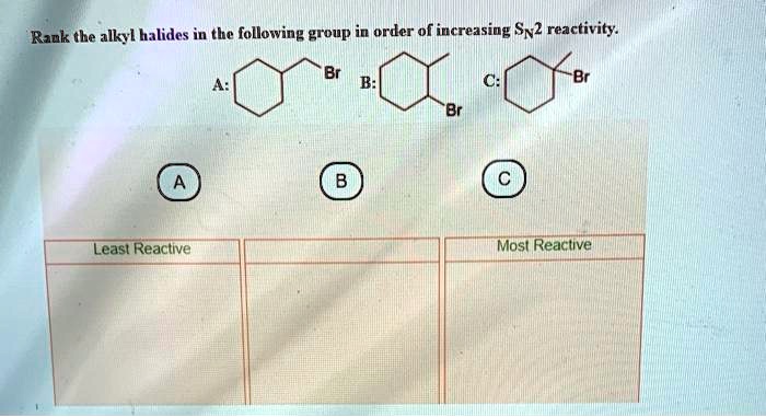 SOLVED: Rank the alkyl halides in the following group in order of increasing SN2 reactivity ...