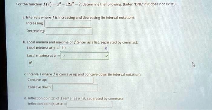 SOLVED: For the function f127, determine the following. Enter DNE if it does not exist. a ...