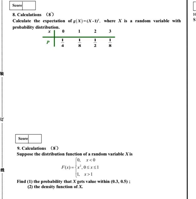 SOLVED: Score] 8. Calculations (8 ) Calculate the expectation of g(*X)=(x-I). where X is ...