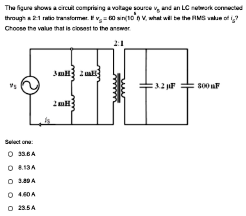 SOLVED: The figure shows a circuit comprising a voltage source vs and an LC network connected ...