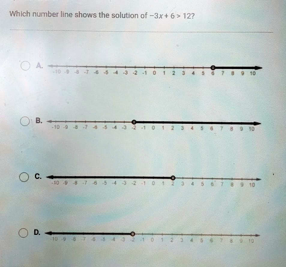 SOLVED: 'Which number line shows the solution of -3x + 6 > 12? Which ... SOLVED: 'Which number line shows the solution of -3x + 6 > 12? Which ...