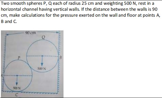 Two smooth spheres P, Q each of radius 25 cm and weighting 500 N, rest in a horizontal channel ...