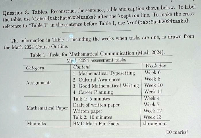 Question 3. Tables. Reconstruct the sentence, table and caption shown ...