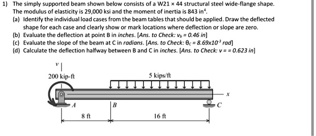 1) The simply supported beam shown below consists of a W21 × 44 ...