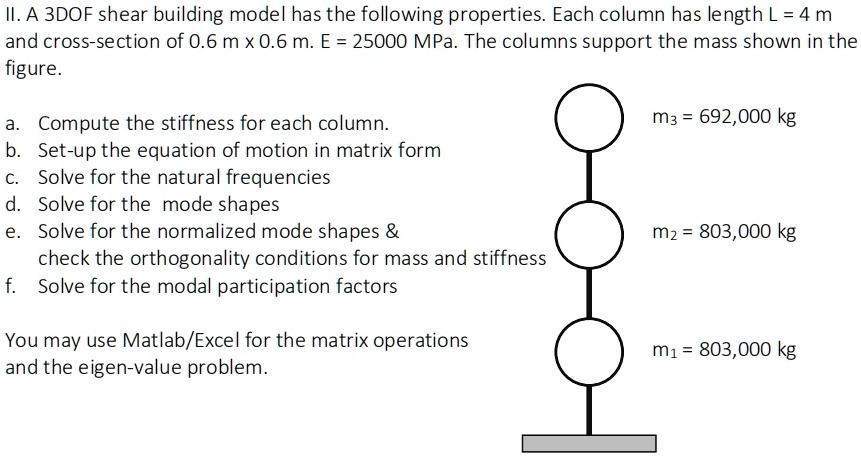 SOLVED: A 3DOF shear building model has the following properties. Each ...